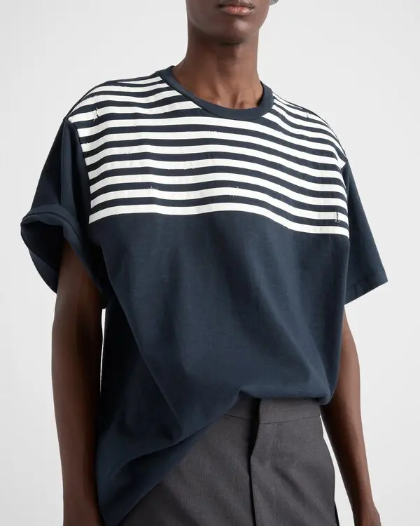 Prada Oversized Striped Cotton T-Shirt - Baltic Blue | Editorialist